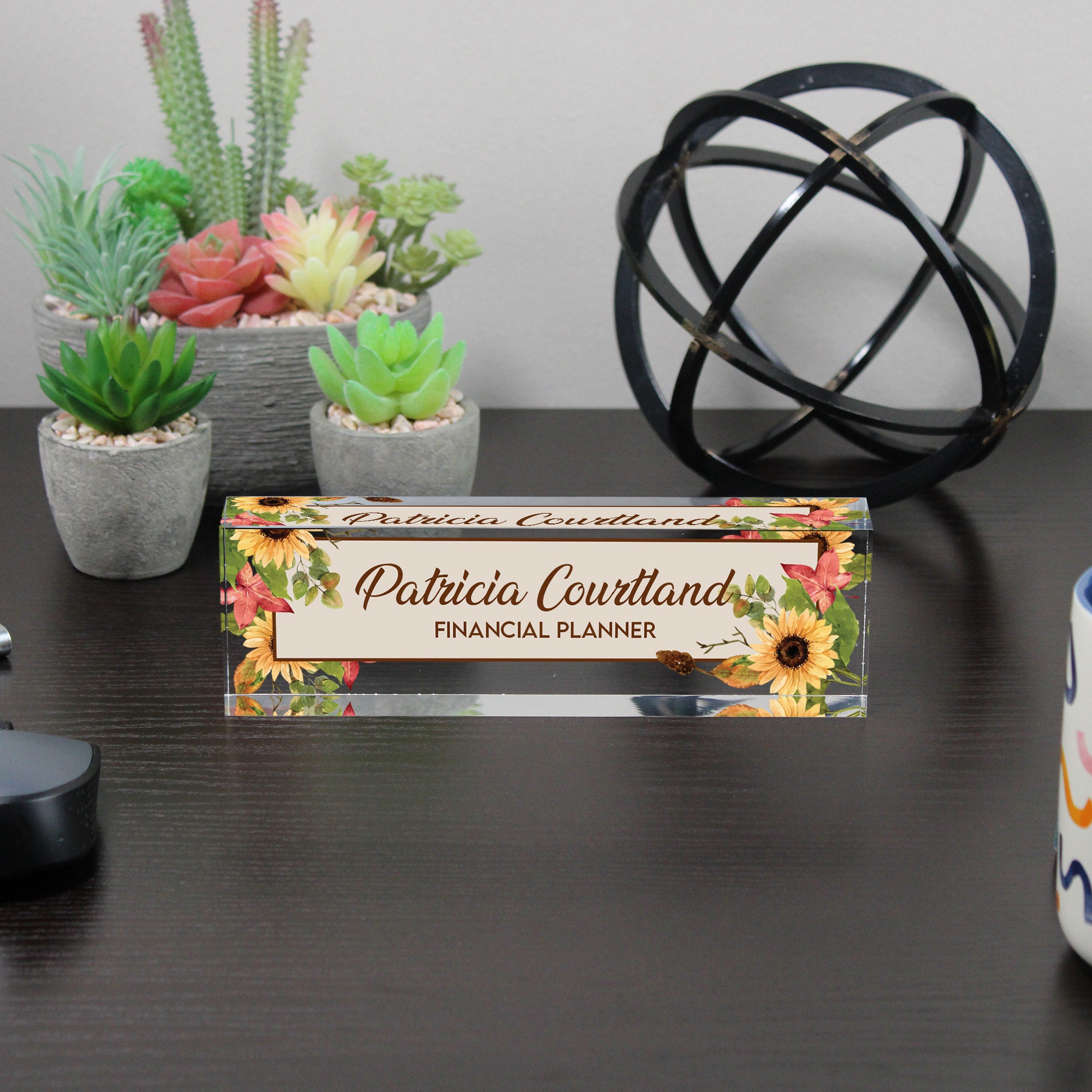 Glass Block Desk Name Plate With Sunflowers Elegant Office Decor and ...