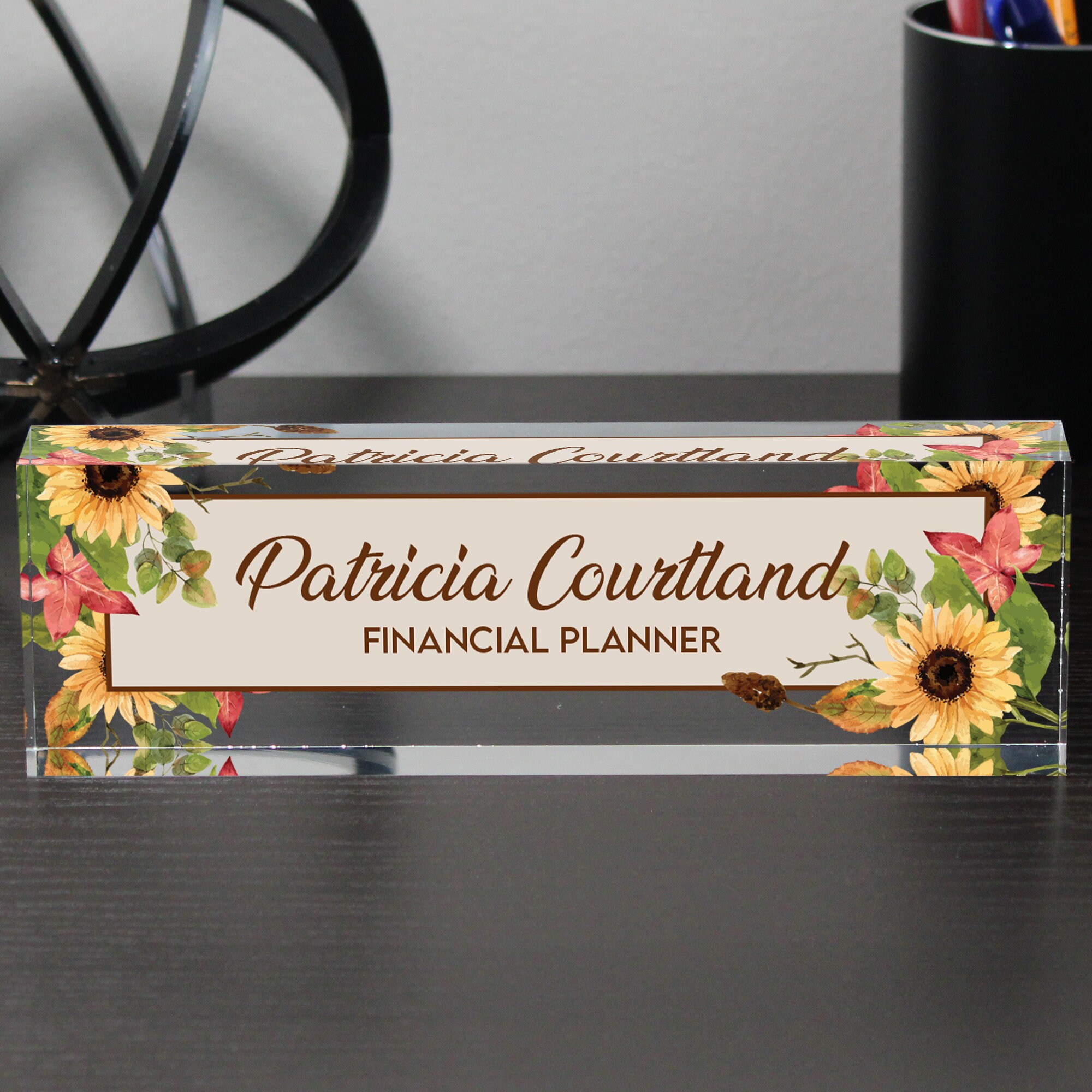 Glass Block Desk Name Plate With Sunflowers Elegant Office Decor and ...
