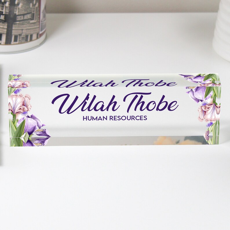 Acrylic Desk Name Plate With Purple Lilies Decorative Block for Human ...