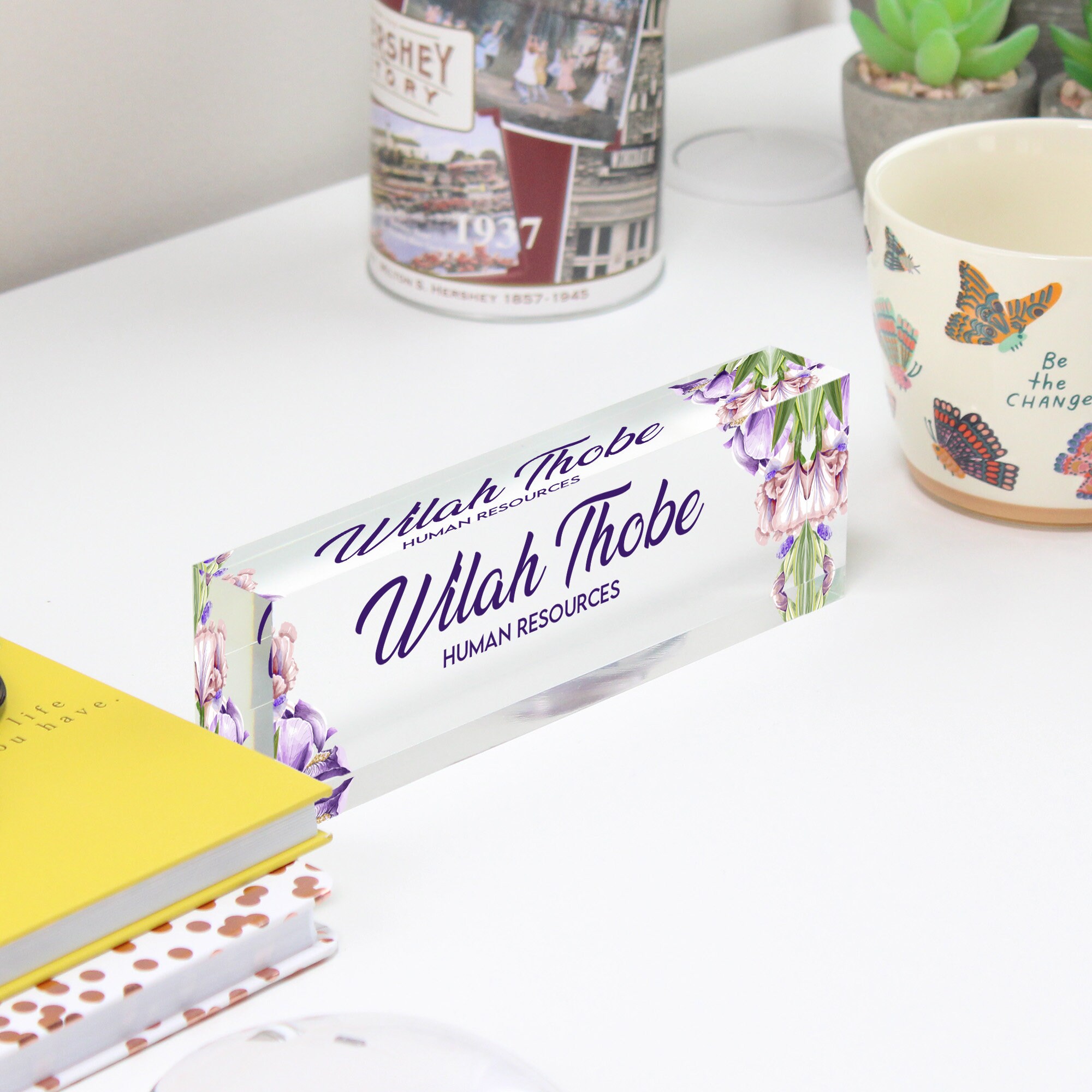 Acrylic Desk Name Plate With Purple Lilies Decorative Block for Human ...