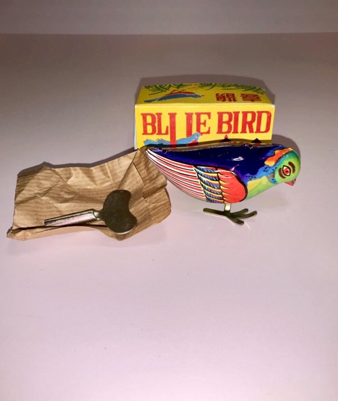 Vintage Tin Litho Wind-up Blue Bird Complete in Original Box & Key ...