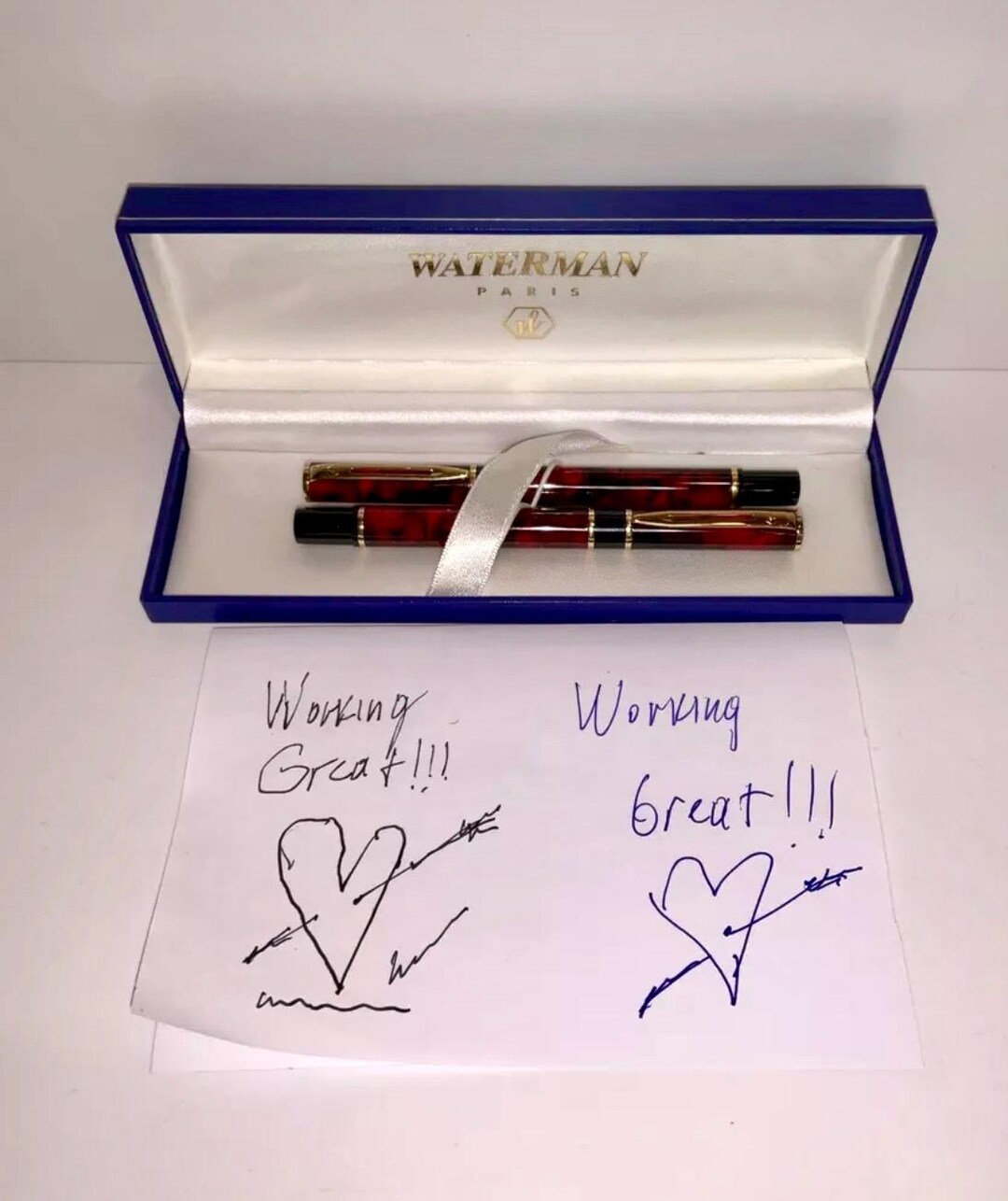 Vintage Waterman Fountain & Roller Point Pen Set Marbled Red Black Gold ...