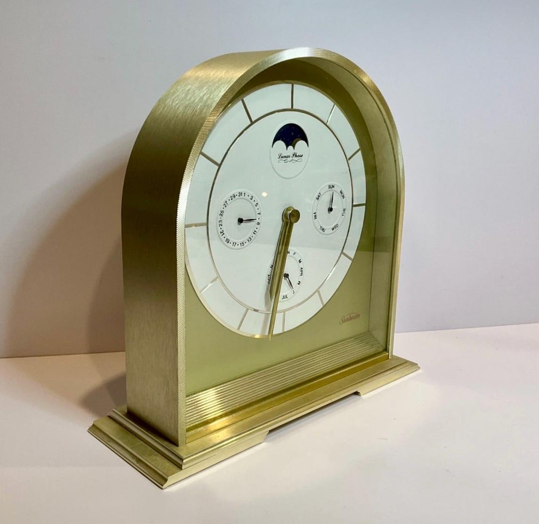 Brushed Brass Lunar Phase & Calendar Mantle Clock by Sunbeam, Working ...