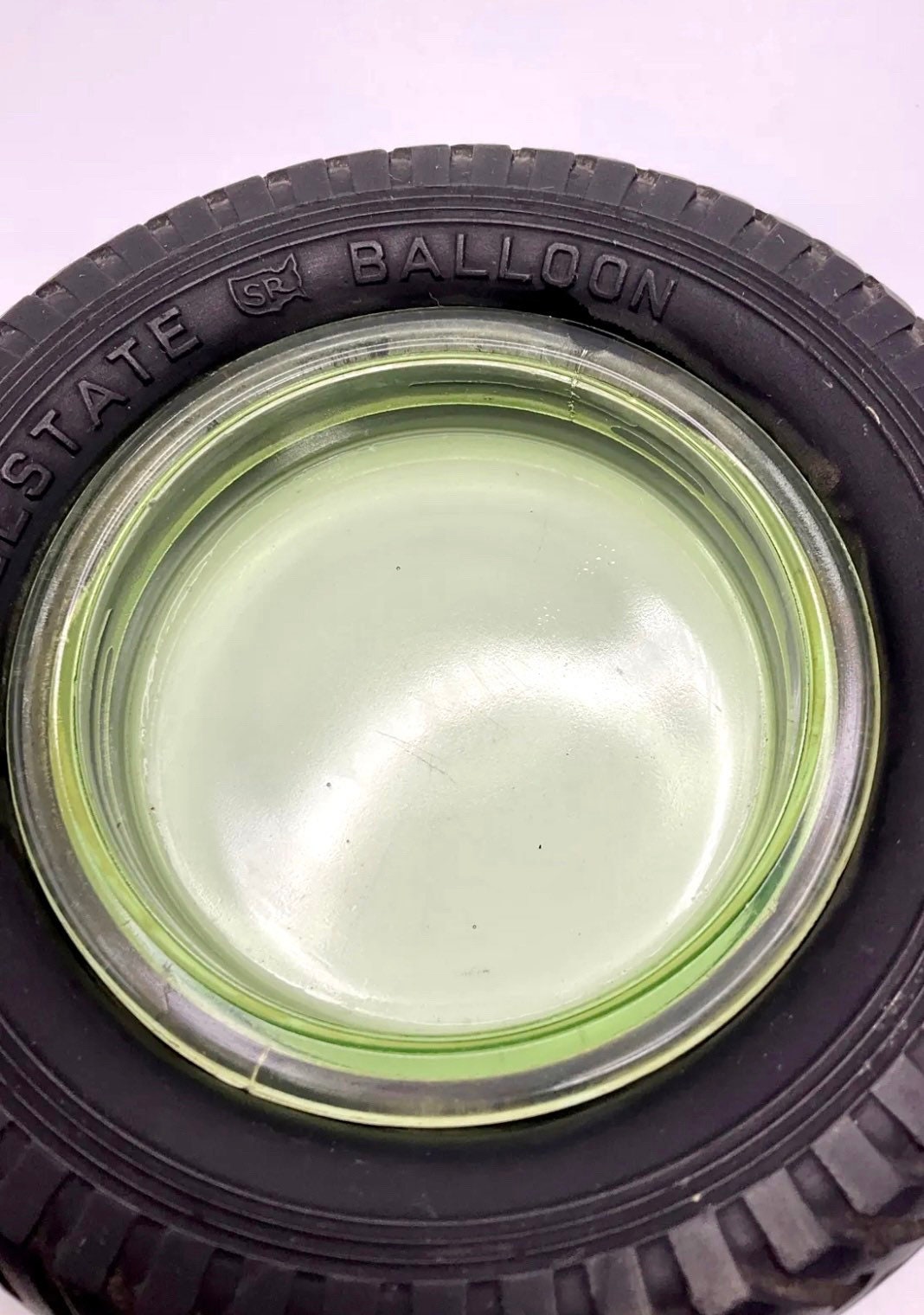 Vintage ALLSTATE SR Balloon Tire Advertising Ashtray Green Glass 5 1/4 ...