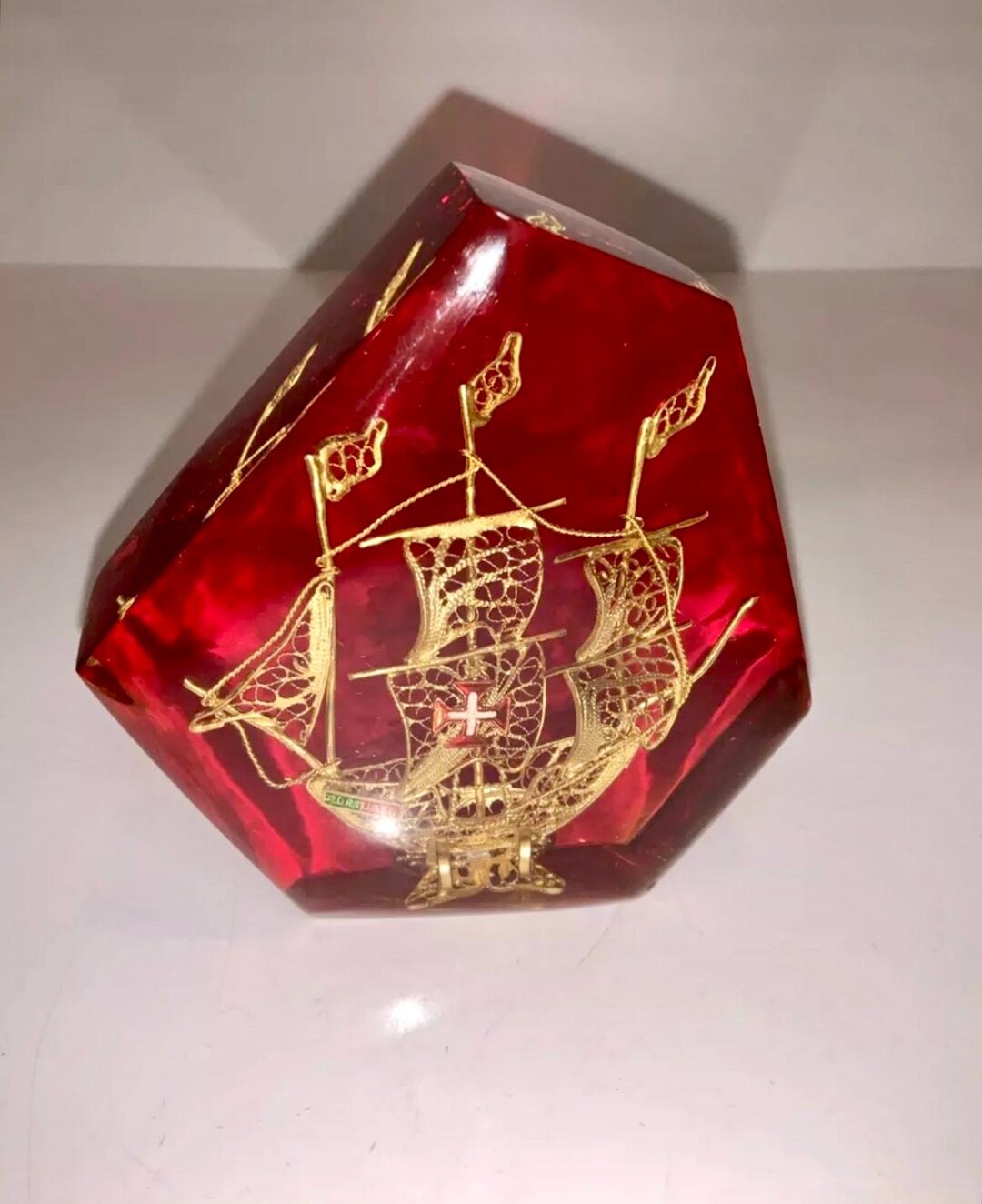 Vintage Nautical Paperweight Clipper Ship Portugal Gold Filigree ...