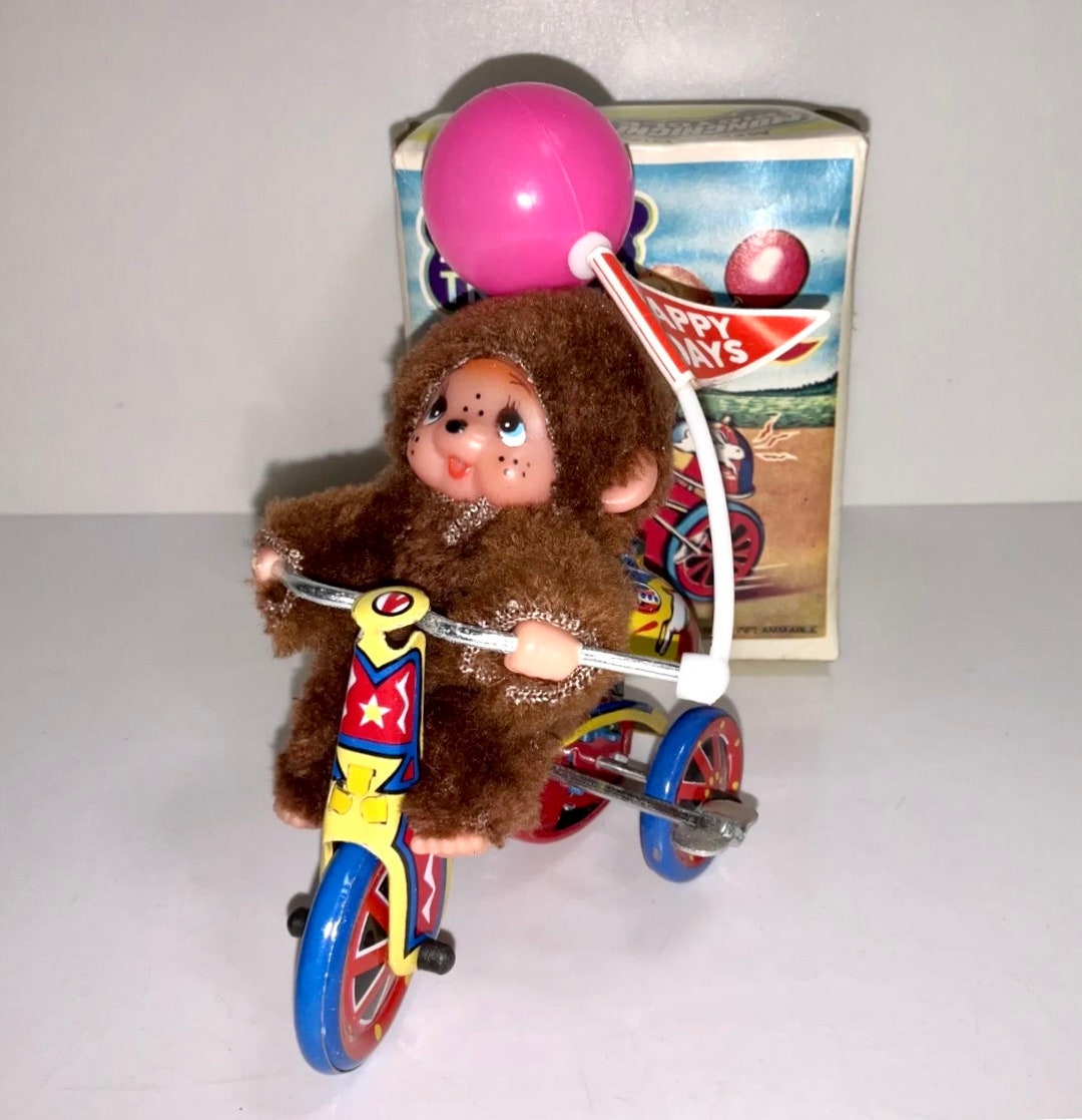 Vintage MONCHICHI Monkey on Metal Tin Tricycle Bicycle Wind up Toy ...