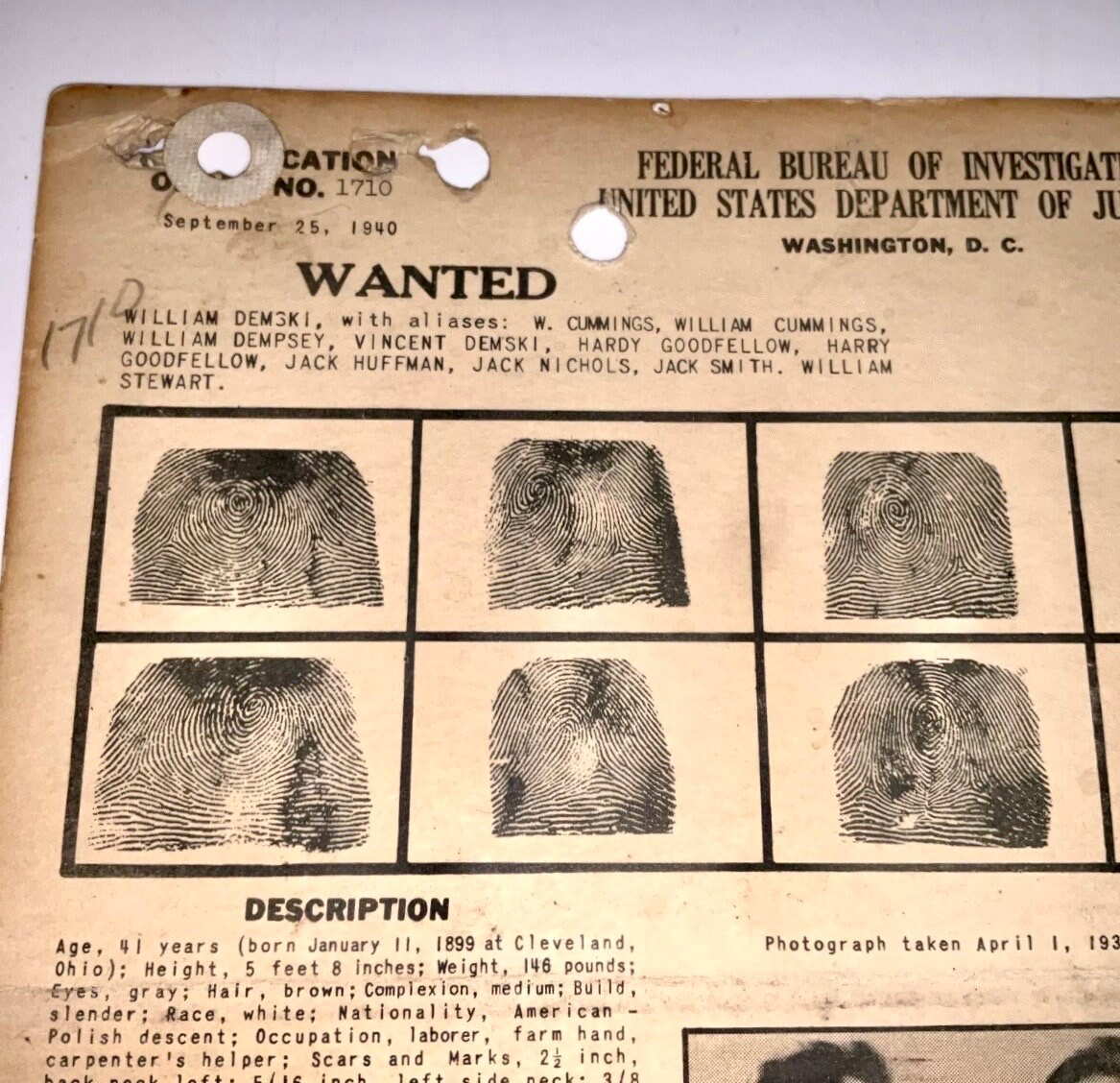 Rare Vintage 1940 FBI Wanted Poster William Demski Escaped Federal ...