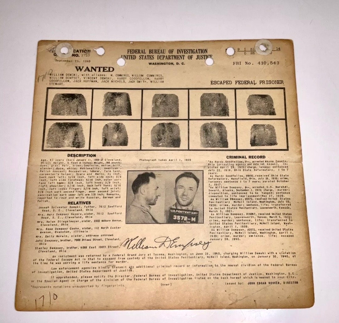 Rare Vintage 1940 FBI Wanted Poster William Demski Escaped Federal ...