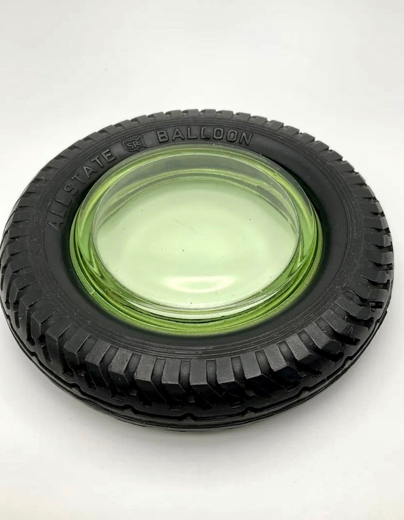 Vintage ALLSTATE SR Balloon Tire Advertising Ashtray Green Glass 5 1/4 ...