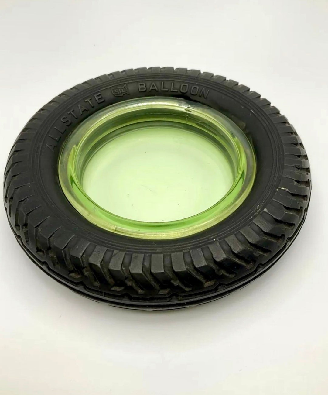 Vintage ALLSTATE SR Balloon Tire Advertising Ashtray Green Glass 5 1/4 ...