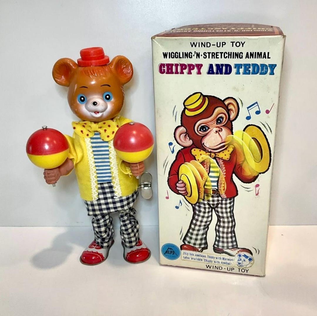 Vintage Tin Wind-up Chippy and Teddy TEDDY Playing Maracas Toy By, Alps ...