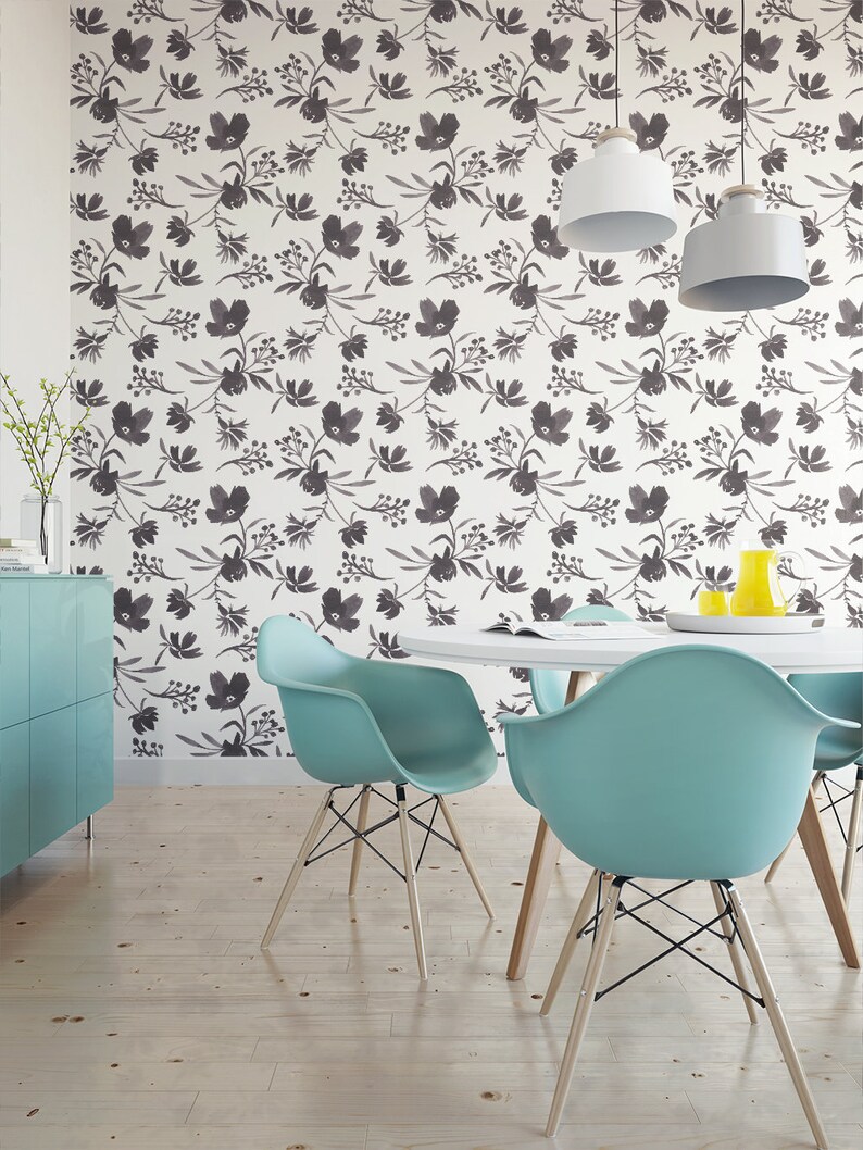 Wall Décor Wallpaper Black Floral Adaline Removable Wallpaper tropical ...