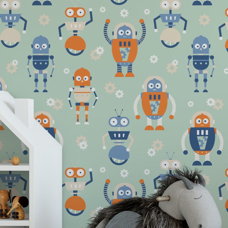 Friendly Robots Kids Removable Wallpaper / Cute Self Adhesive - Etsy