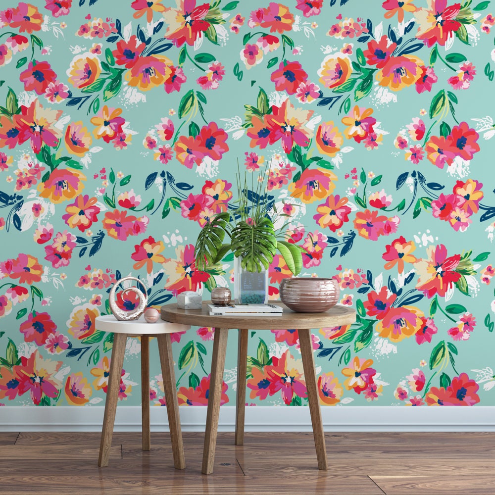 Pink And Blue Floral Removable Wallpaper Tropical Wallpaper Etsy