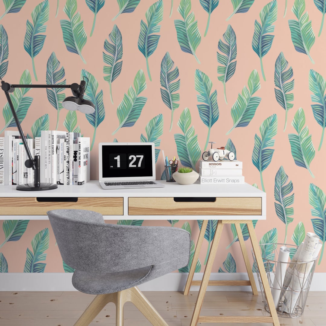 Pink Palm Leaf Removable Wallpaper - Tropical Wallpaper - Botanical ...