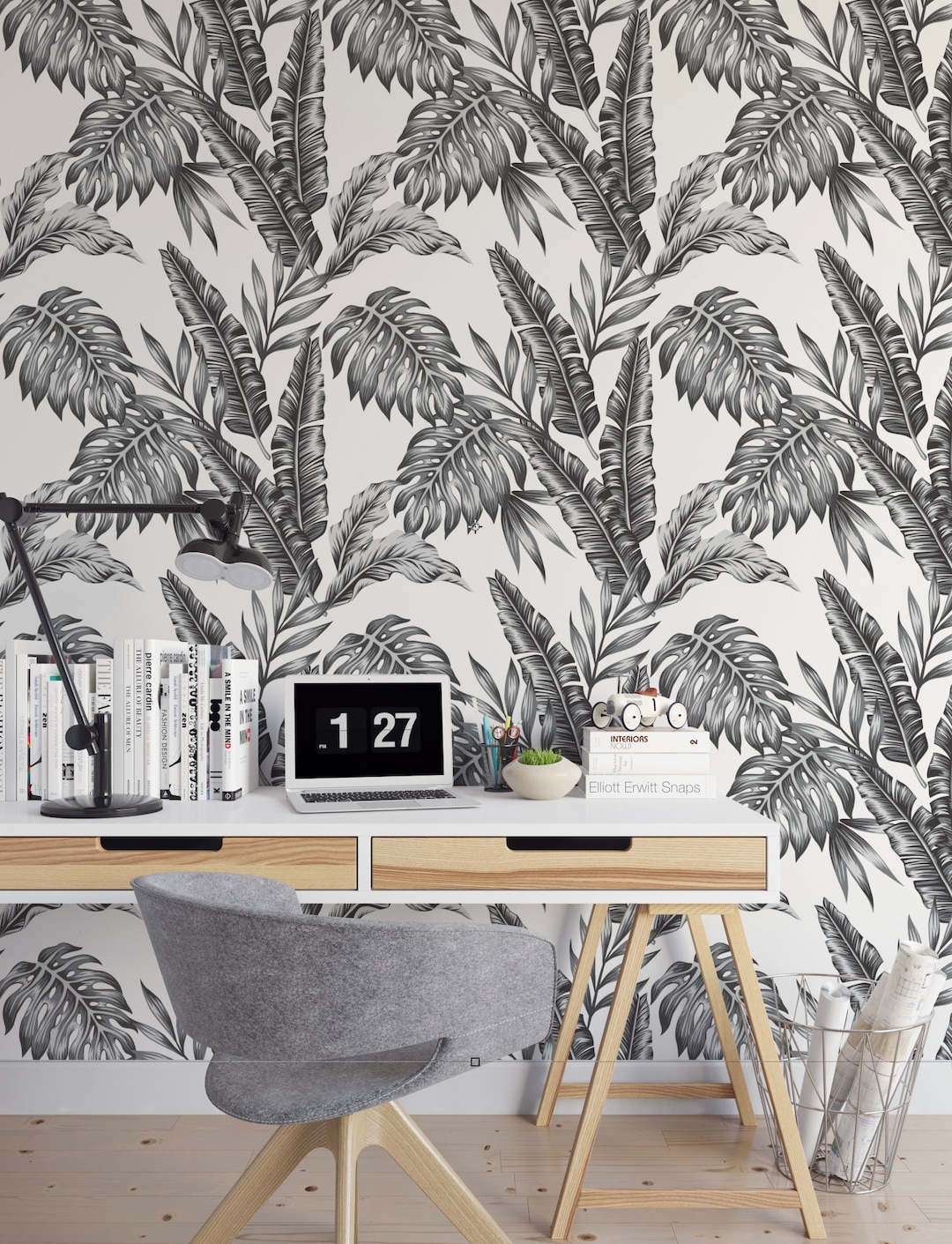Tropical Black and White Removable Wallpaper / Tropical Wallpaper ...