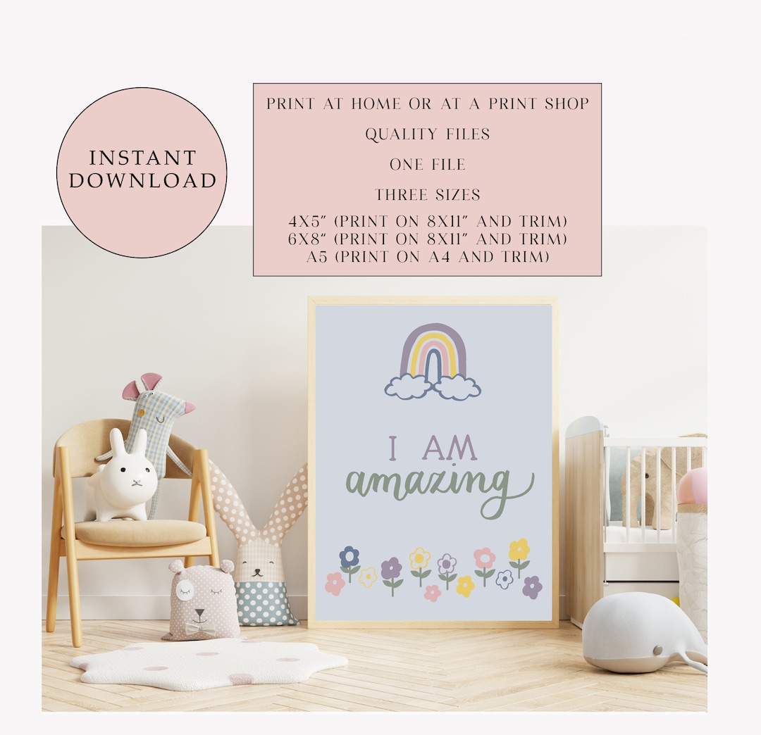 I Am Amazing Kids Affirmation Print, Rainbow Nursery Art (digital ...