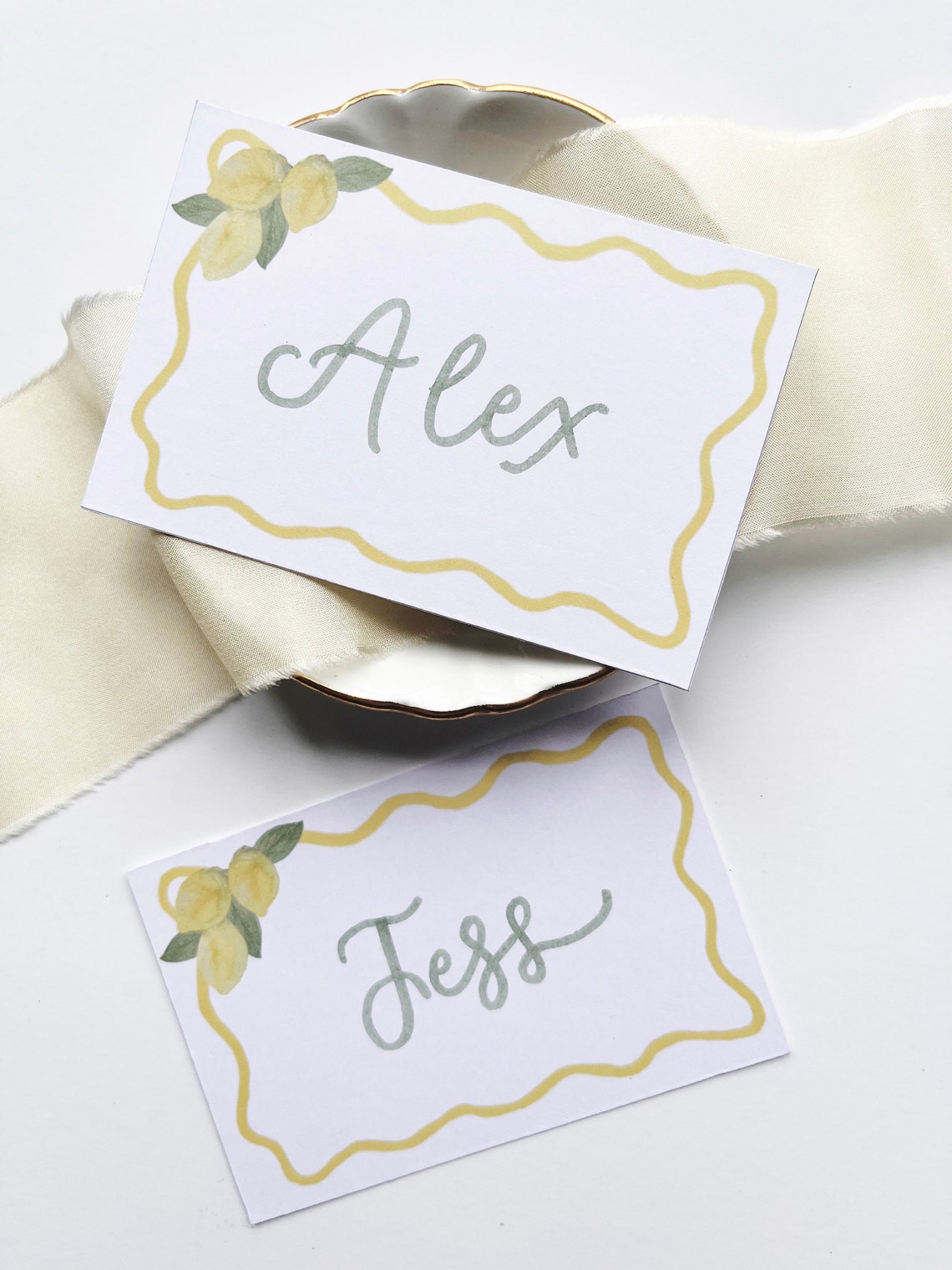 Lemon Calligraphy Place Cards: Squiggle Wave Wedding Name Tags - Etsy