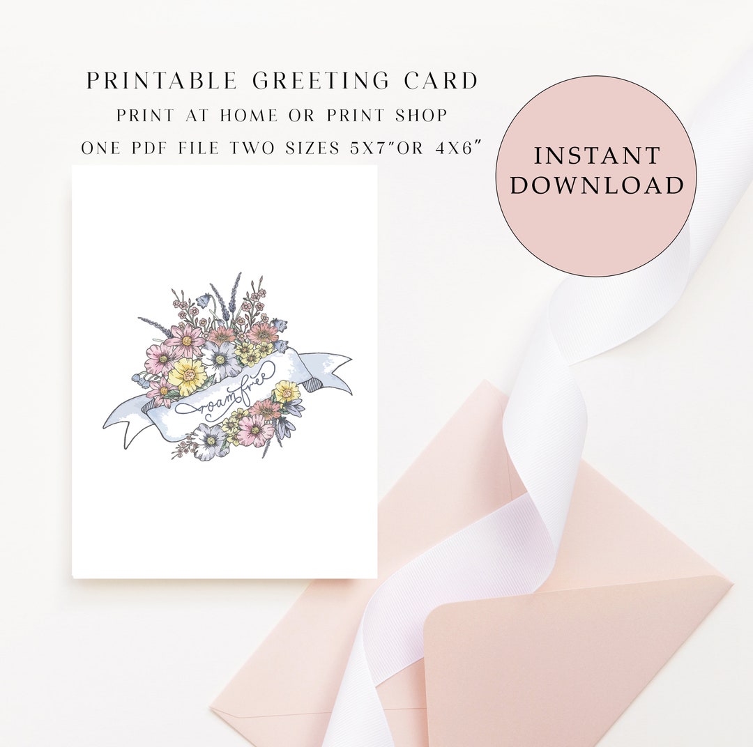 Printable Blank Greeting Card With Roam Free Flower Bouquet, Instant ...