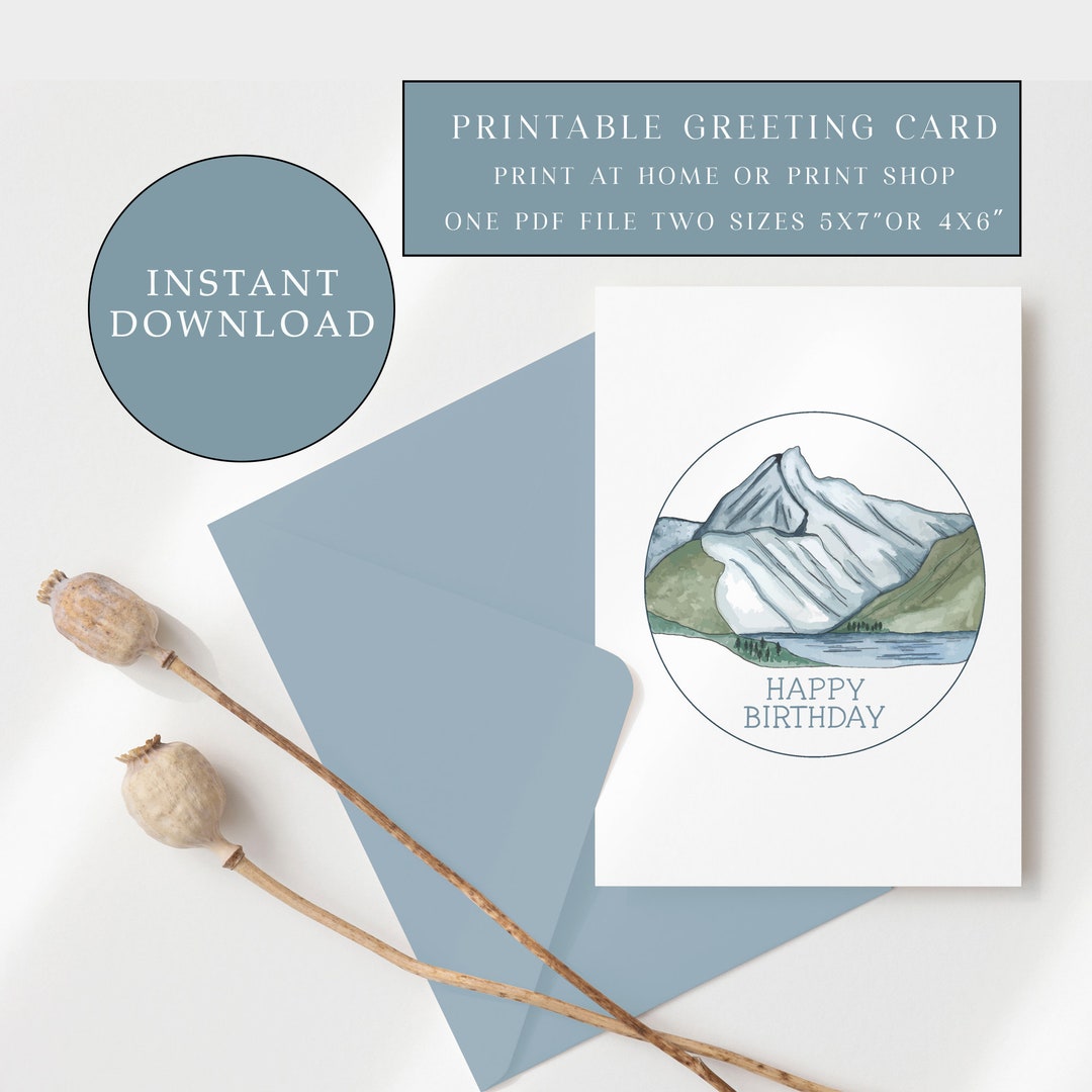 Watercolor Mountain Happy Birthday Card: Adventure Theme (digital ...