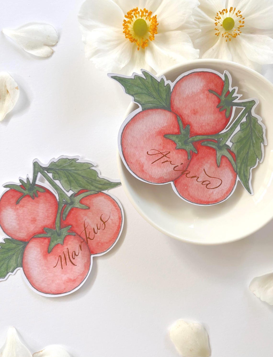 Tomato Place Cards: Watercolor Calligraphy, Mediterranean Wedding Decor ...