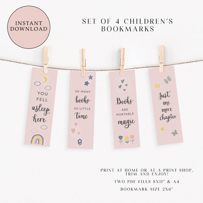 Kids Printable Bookmarks, Set of 4 Pink, Kids Cute Bookmarks, Children ...
