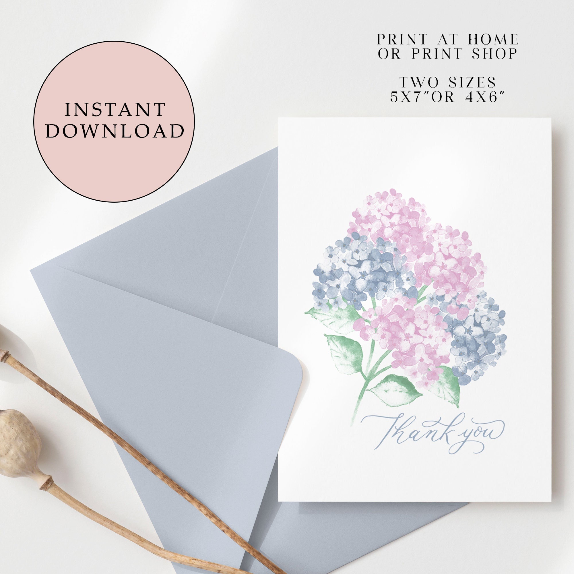 Printable Hydrangea Thank You Card: Watercolor Flower Bouquet (digital ...