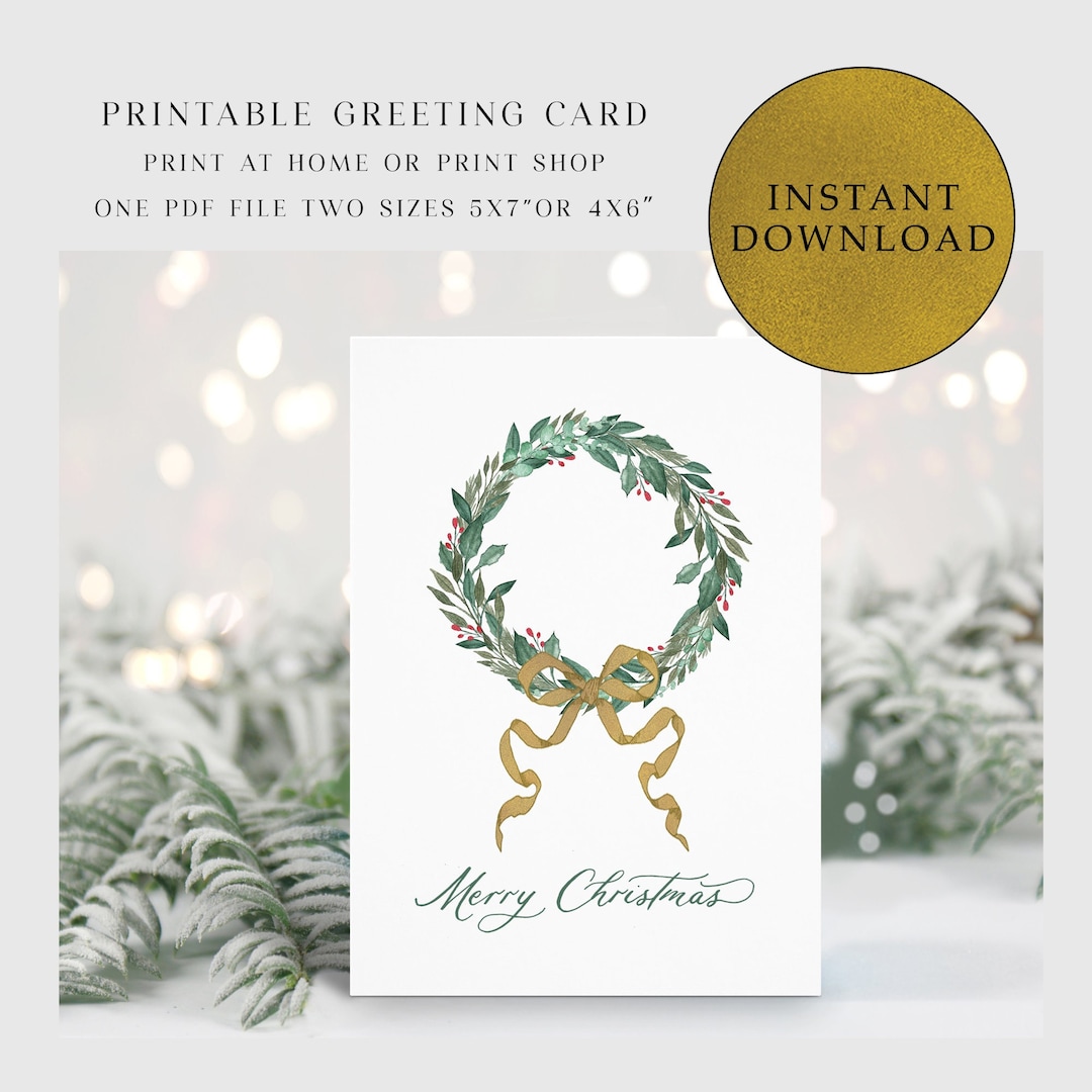Printable Merry Christmas Wreath Card, Wreath Card, Digital Card ...