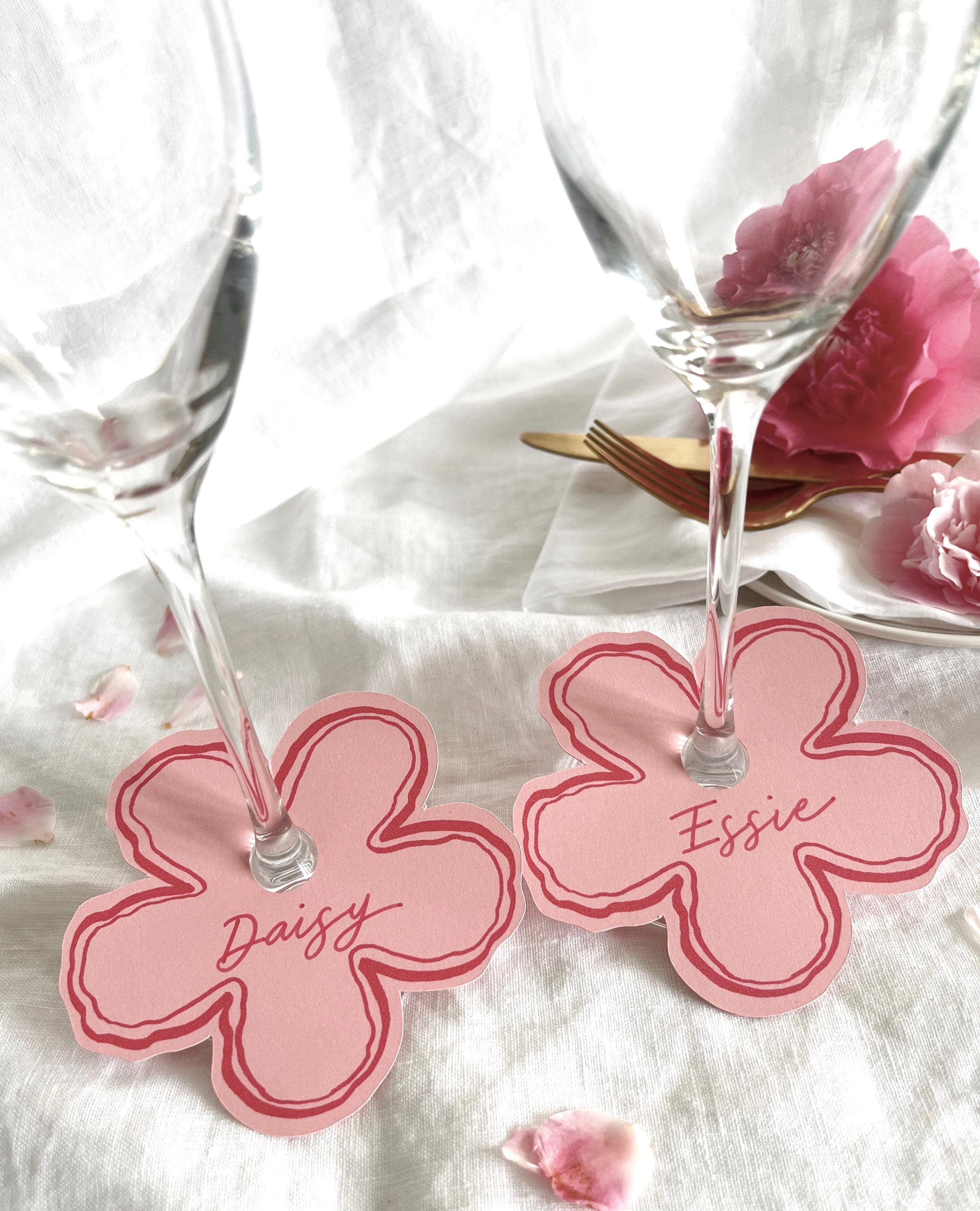 Squiggle Floral Wine Glass Name Cards: Personalized Flower Wedding ...