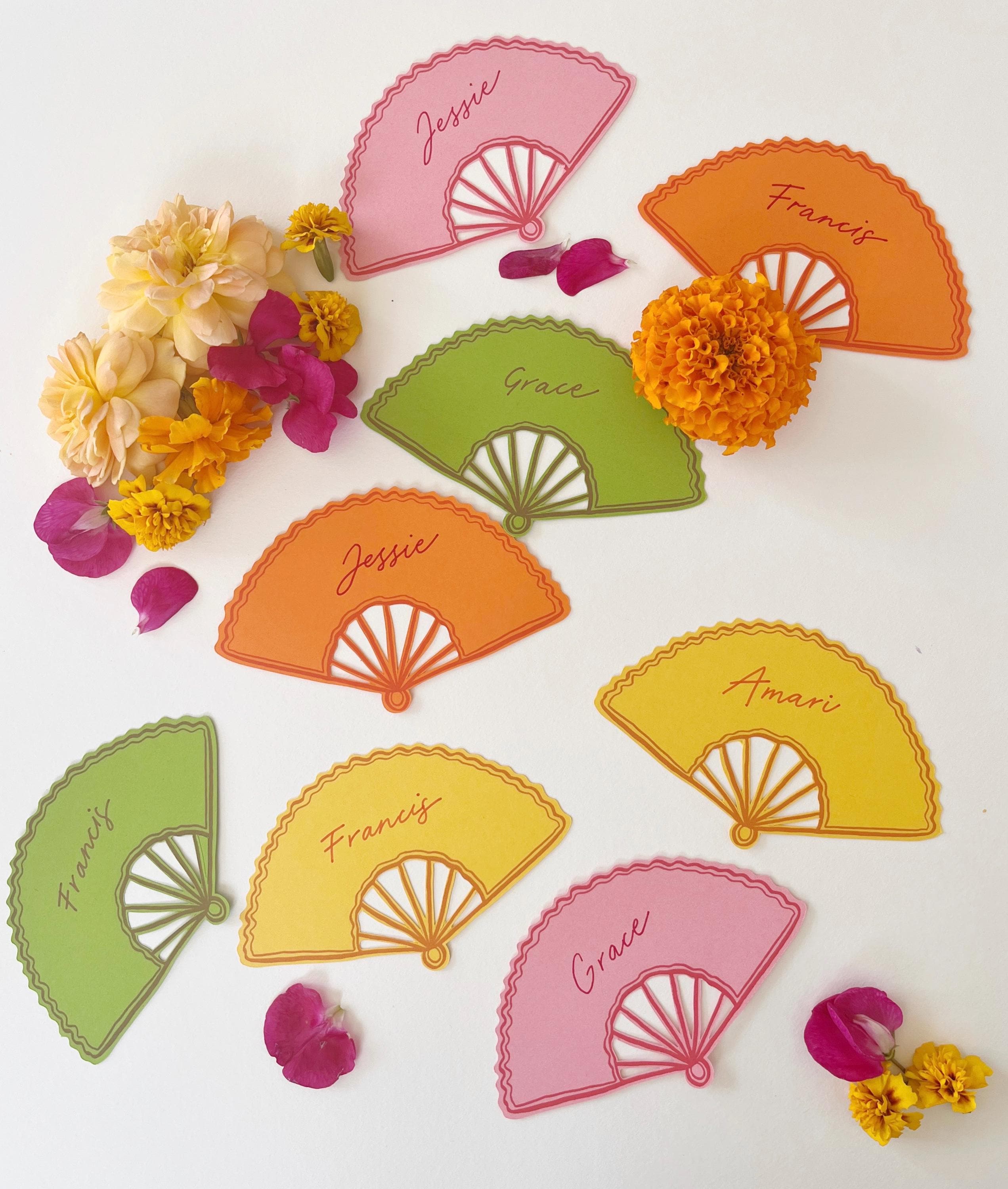 Colorful Fan Place Cards, Wedding Place Cards, Party Place Cards, Hen's ...