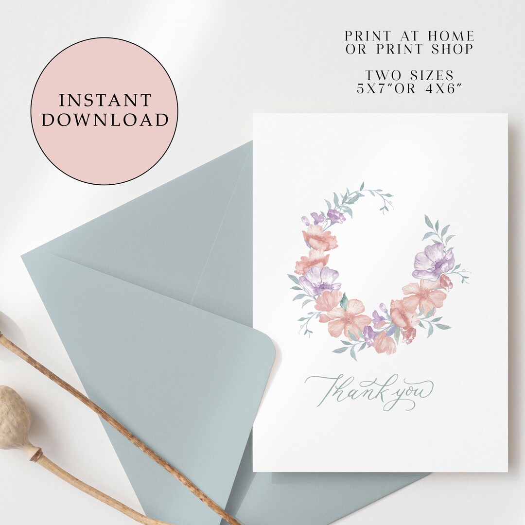 Instant Download | Flower Wreath Thank You Card | Printable Thank You ...