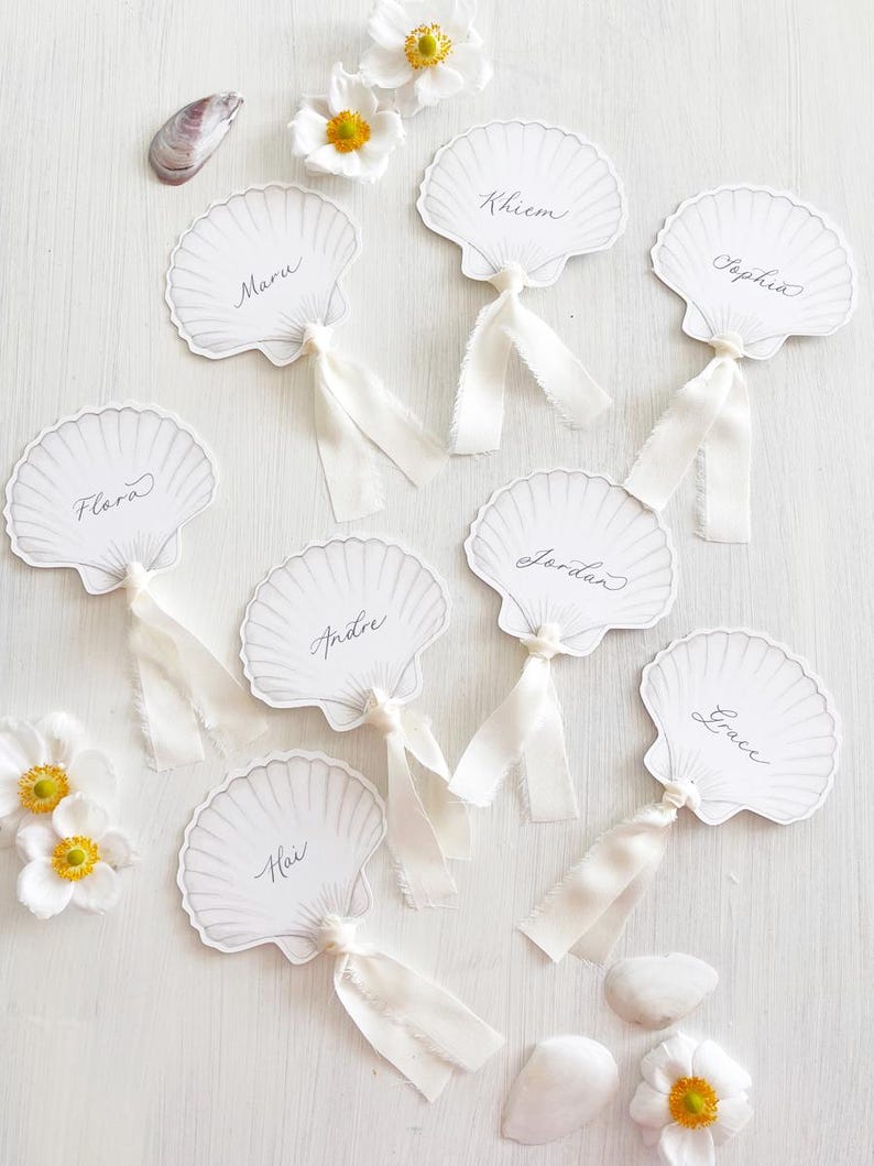 Personalized Scallop Shell Place Cards With Ribbon: Calligraphy ...