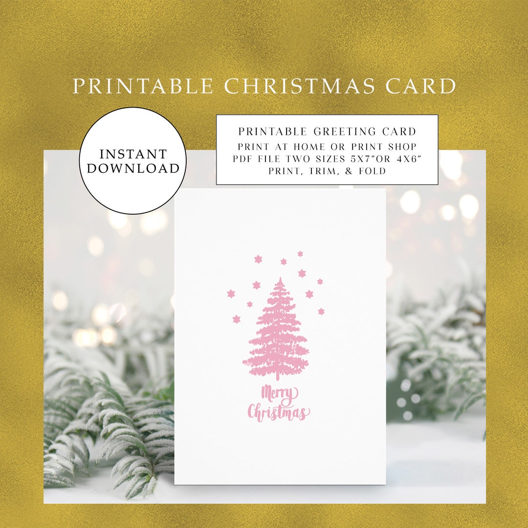 Printable Pink Merry Christmas Tree Card, Pink Christmas Card ...