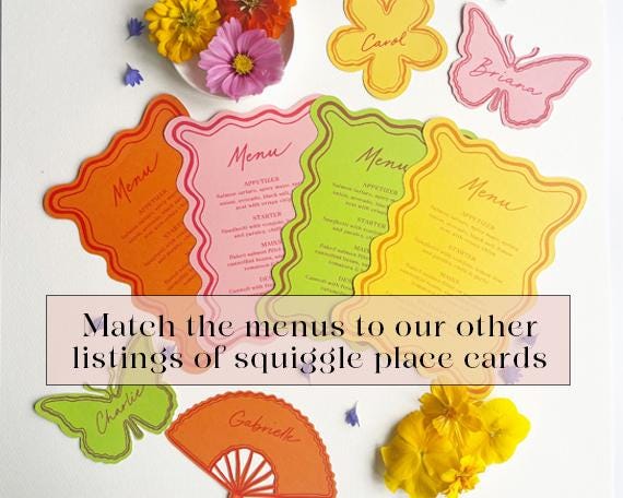 Colorful Squiggle Wave Menus: Cheerful Party Table Decor - Etsy