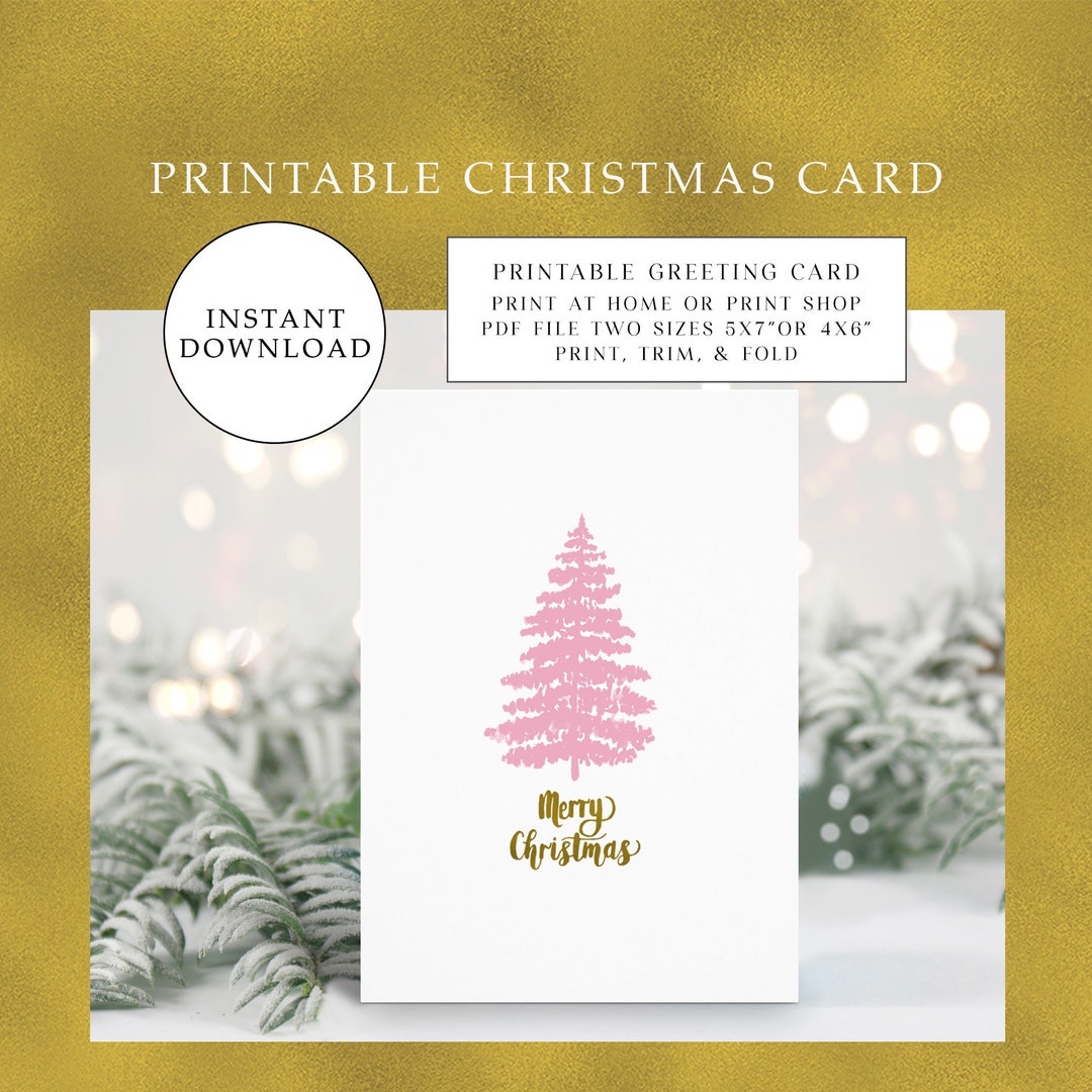 Printable Pink Merry Christmas Card, Pink Christmas Tree Card ...