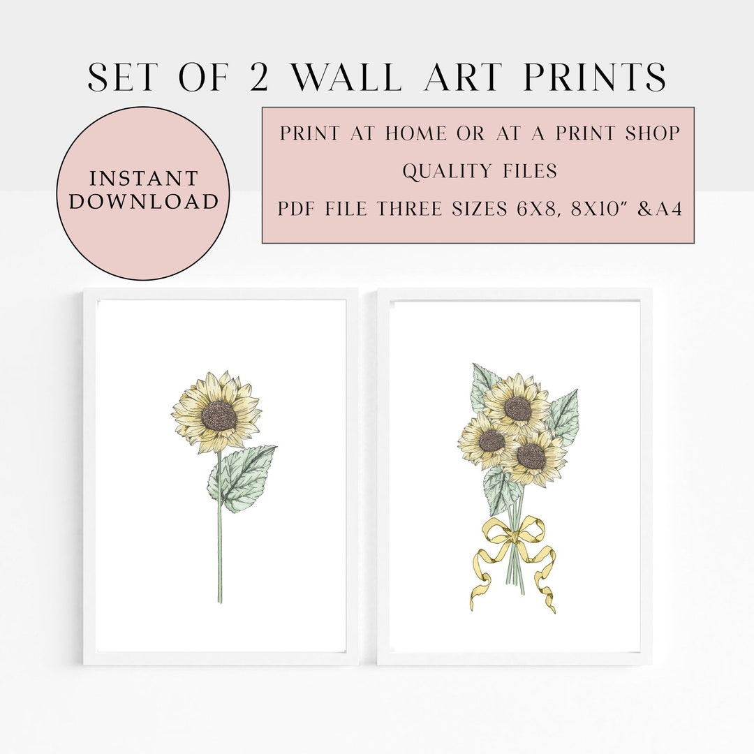 Set of 2, Printable Sunflower Prints, Watercolour Ink Flower Print ...