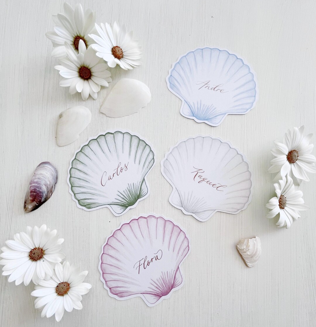 Personalized Scallop Shell Place Cards: Gold Calligraphy, Coastal ...