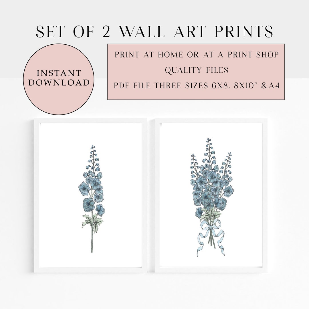 Set of 2 Printable Delphinium Prints Watercolour Ink Flower - Etsy