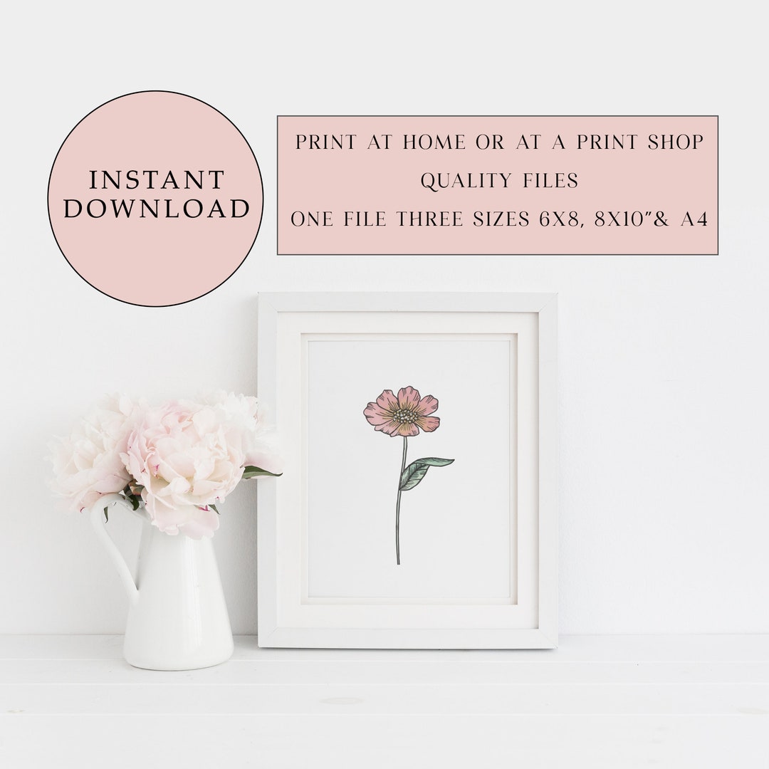 Printable Zinnia Print, Watercolour and Ink Art Print, Flower Print ...