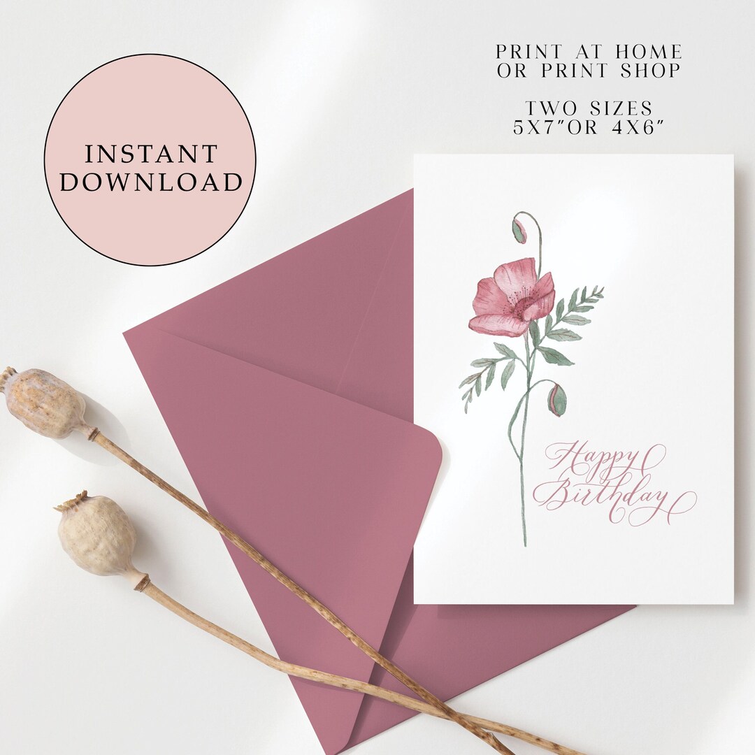 Instant Download Poppy Birthday Card | Printable Birthday Card ...