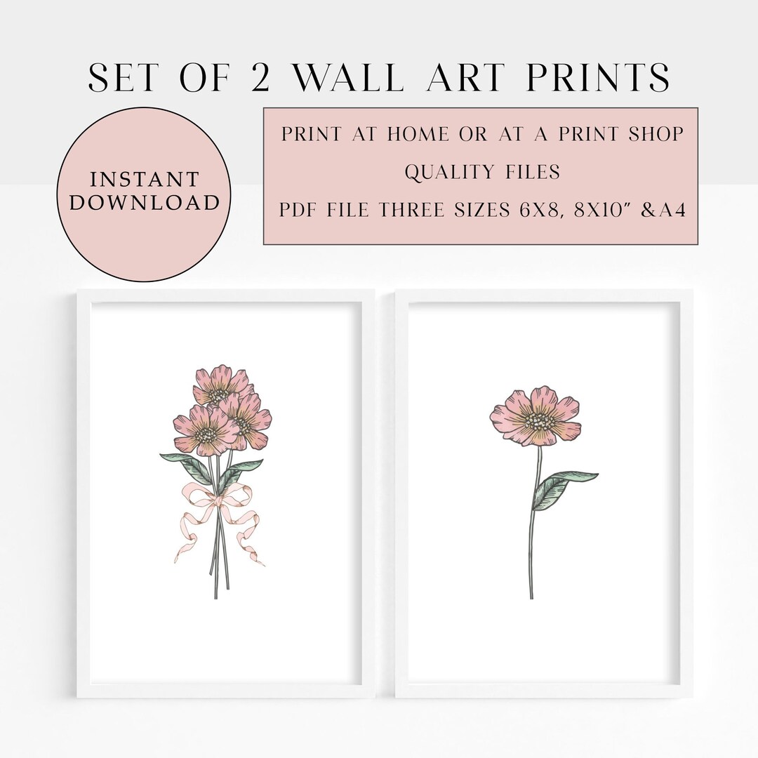 Set of 2, Printable Zinnia Prints, Watercolour Ink Flower Print ...