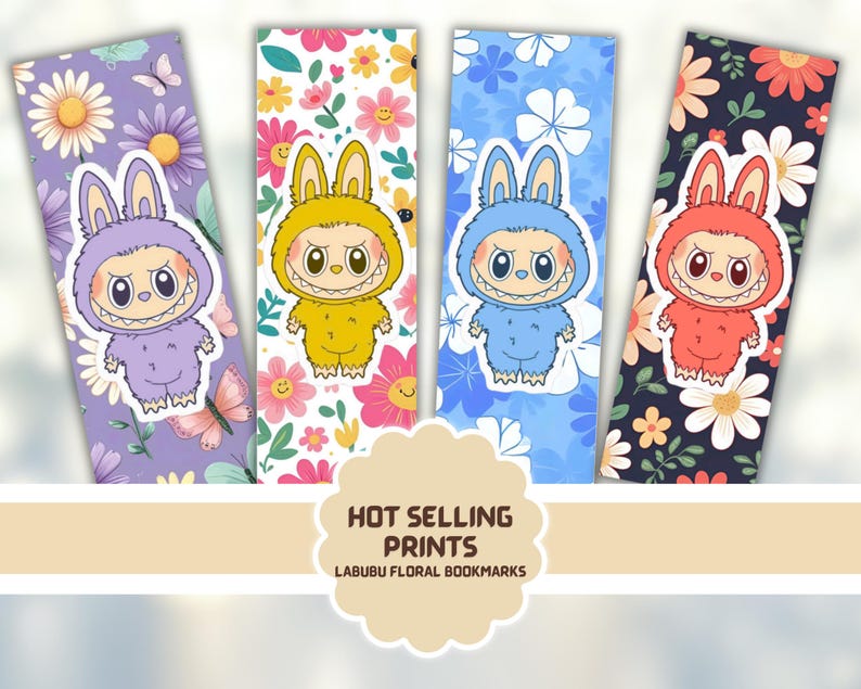 Floral Labubu Bookmarks: Kawaii Cartoon Bundle (PNG & PDF Digital ...
