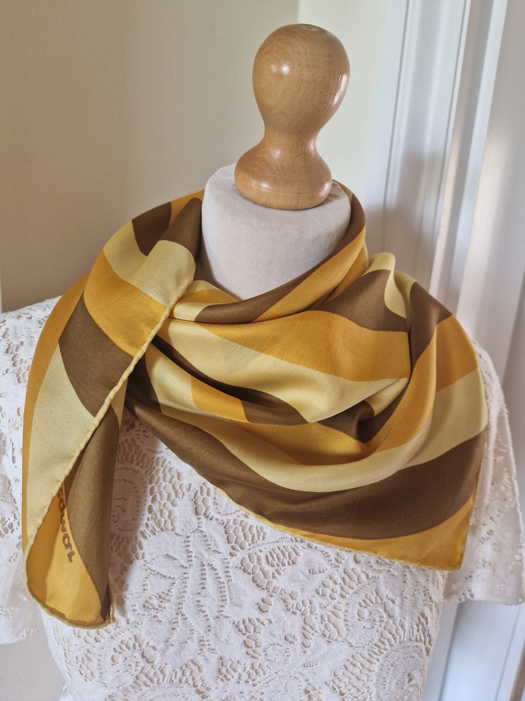 JACQMAR Vintage Silk Scarf-70s, in Shades of Yellow and Mocha.. Hand ...