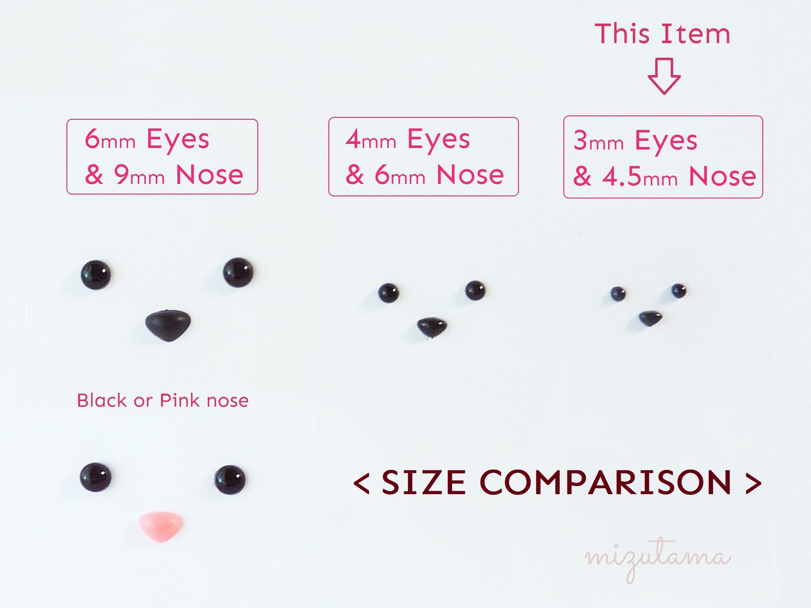 Mini Black Plastic 3mm Eyes & 4.5mm Noses ( 1 Set : 20 Pcs Eyes and 10 ...