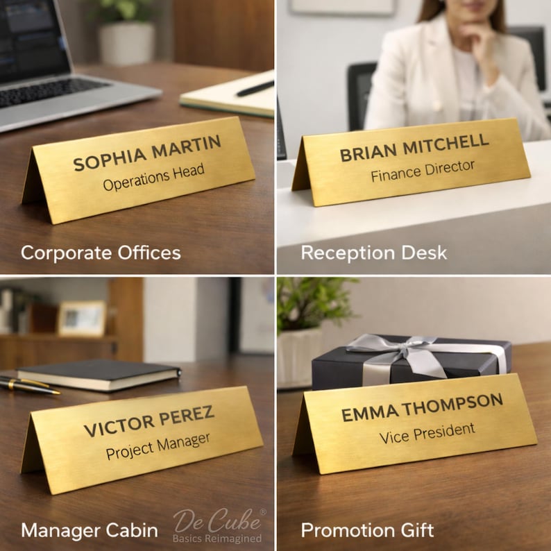 Personalized Desk Name Plate With Custom Engraving, Brushed Brass or ...
