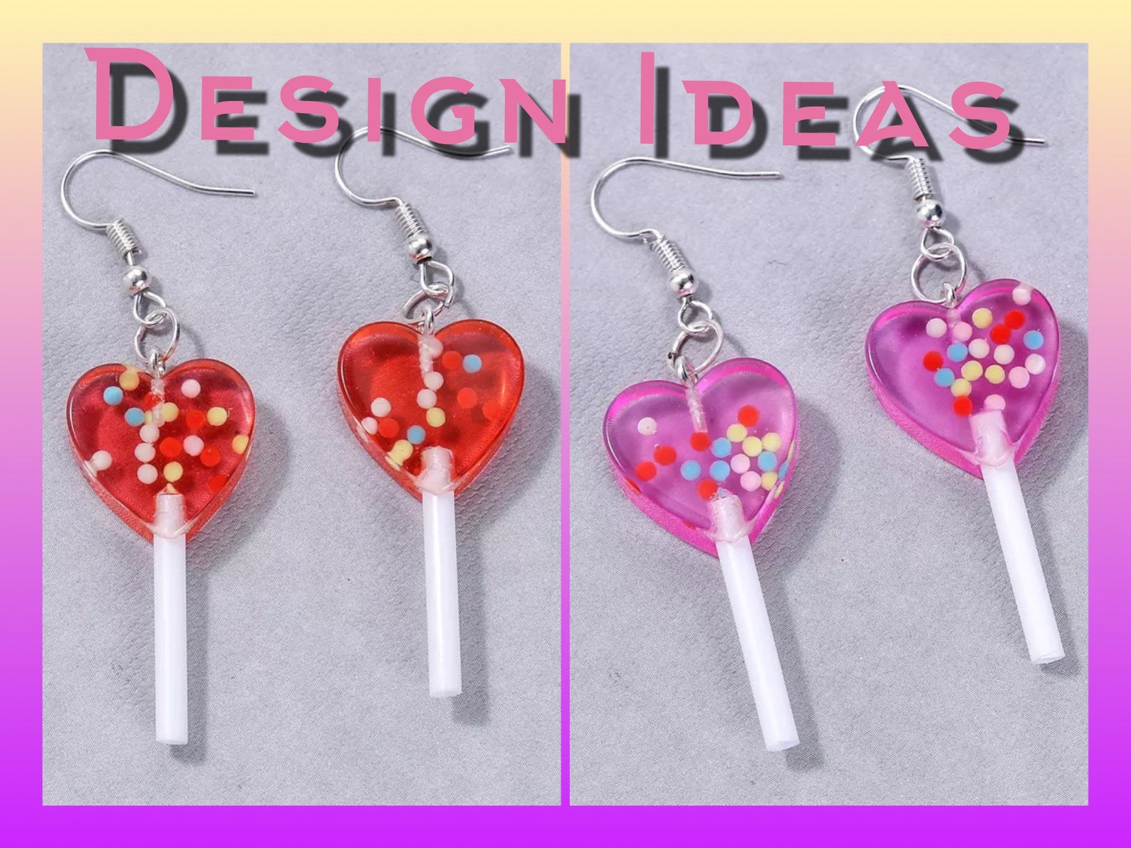 8- Colorful Confetti Heart Lollipop Charms 3D Transparent Candy Suckers ...