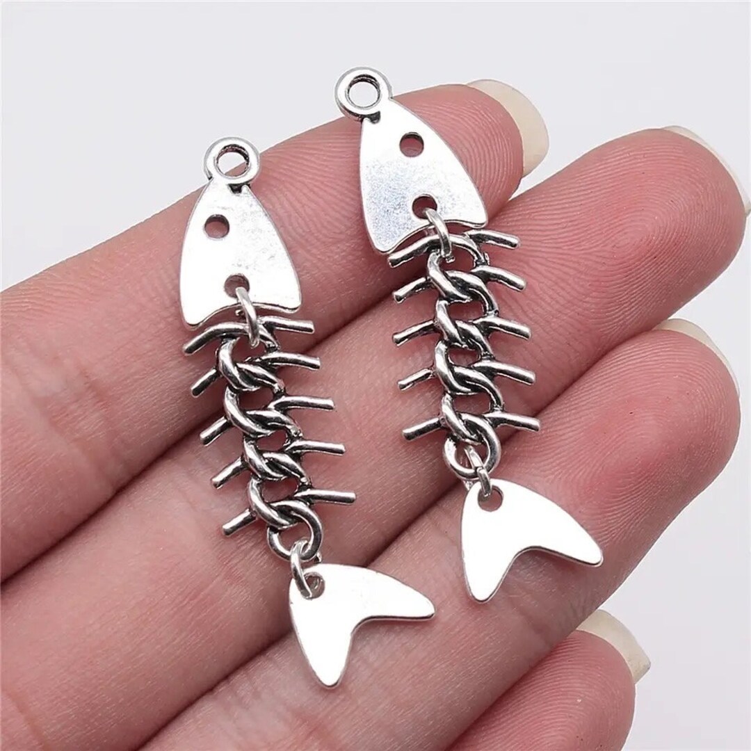 4pc 1.5 Antique Silver Pewter Fish Skeleton Body Charms Double Sided ...