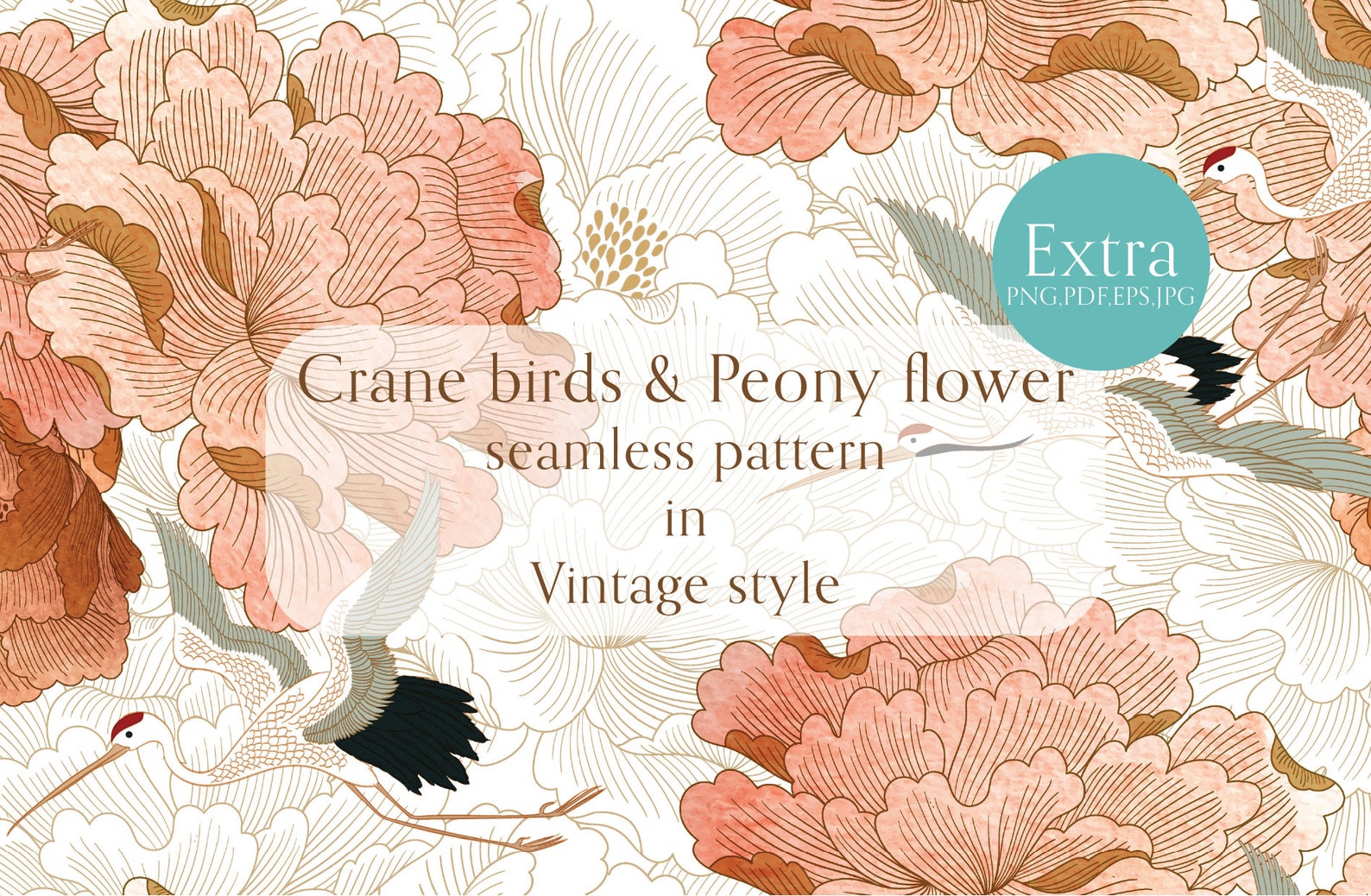 Crane Birds & Peony Flower Seamless Pattern in Vintage Style (1 Designs ...