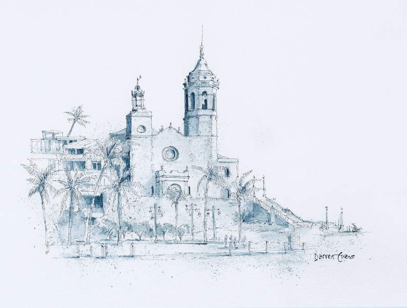 Sitges Old Town, St Bartholomew’s Church - Print of Hand Drawn Ink and ...