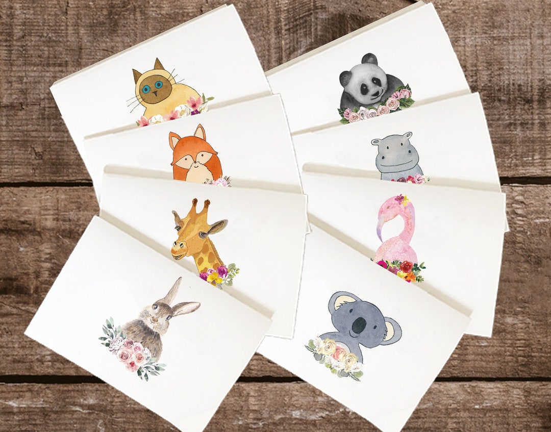 8 Custom Watercolor Animals Card Set, Watercolor Baby Animals Card ...